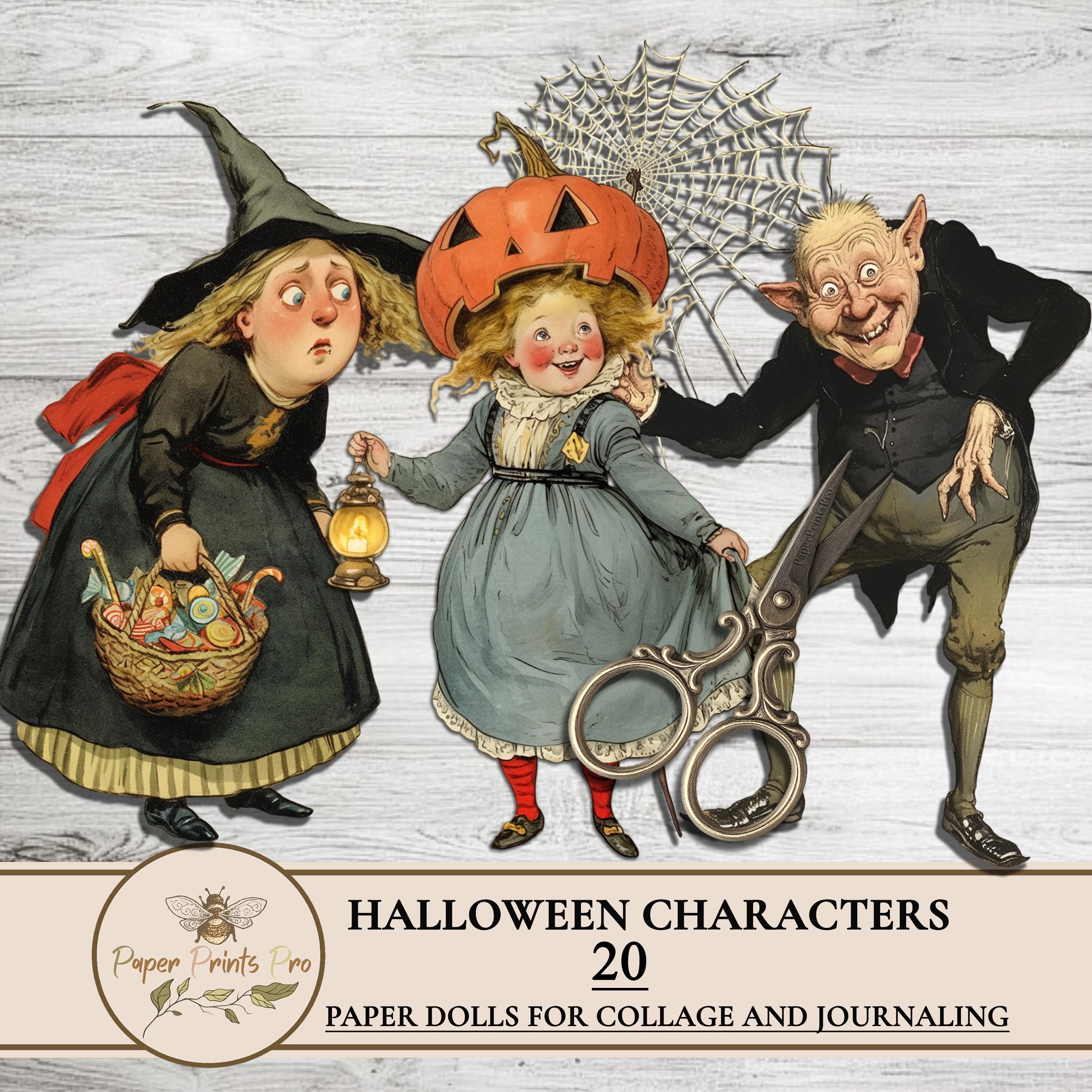 Halloween Paper Dolls Ephemera Kit With Ghosts, Witches, Pumpkin Heads ...