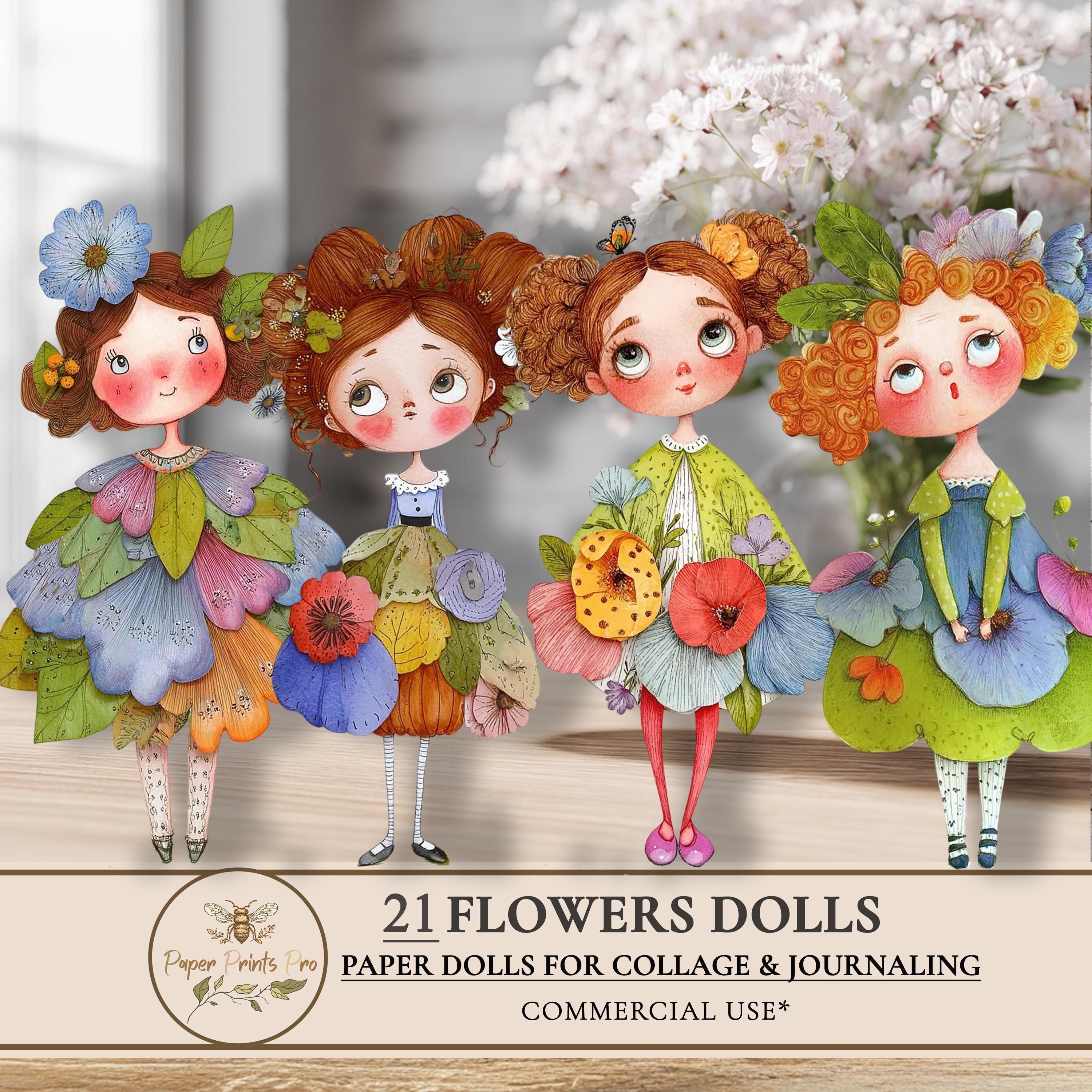 Printable Paper Dolls Floral Girls Clipart PNG JPG, Junk Journal ...