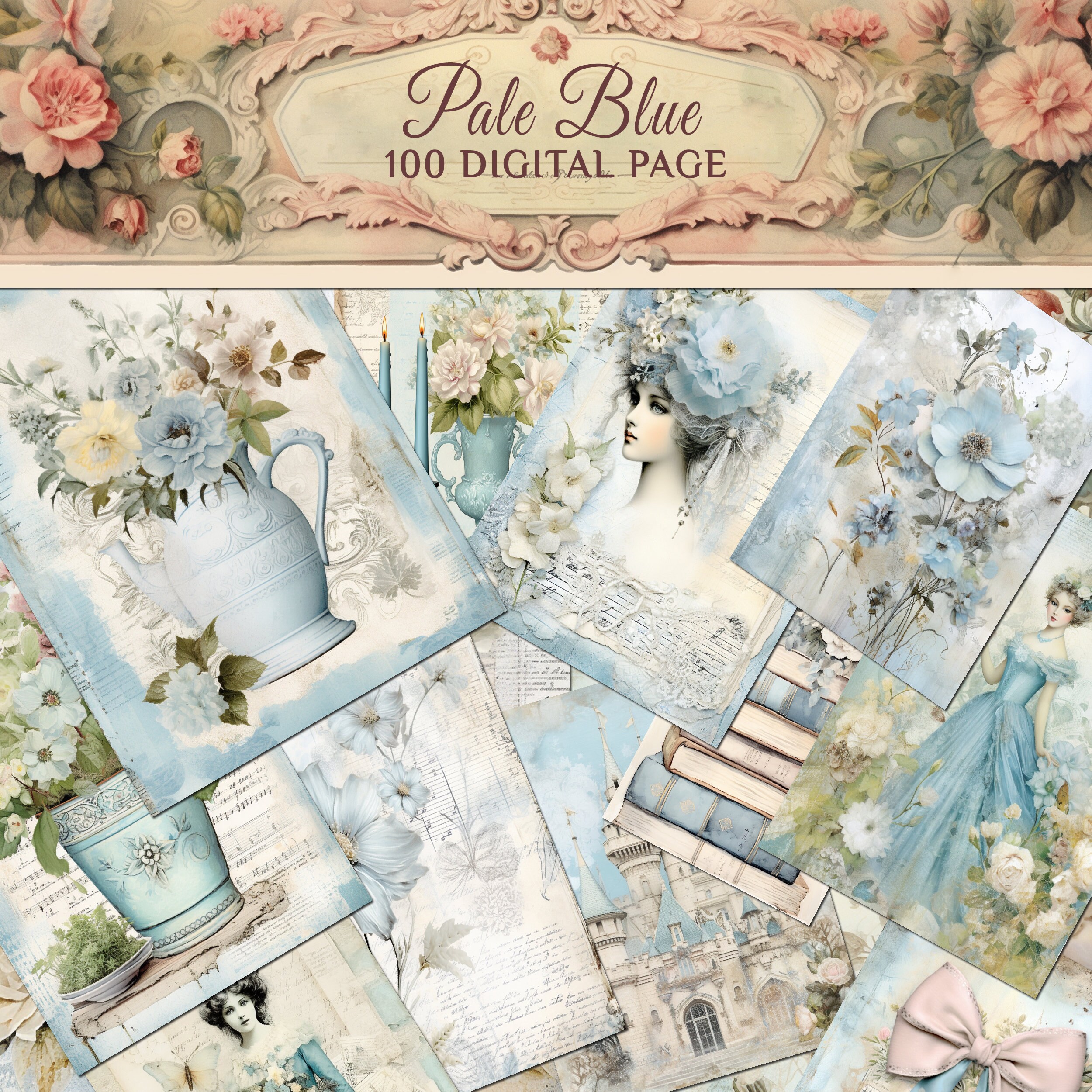 Scrapbook Images Pale Blue Pages Junk Journal, Decoupage Paper A4 ...