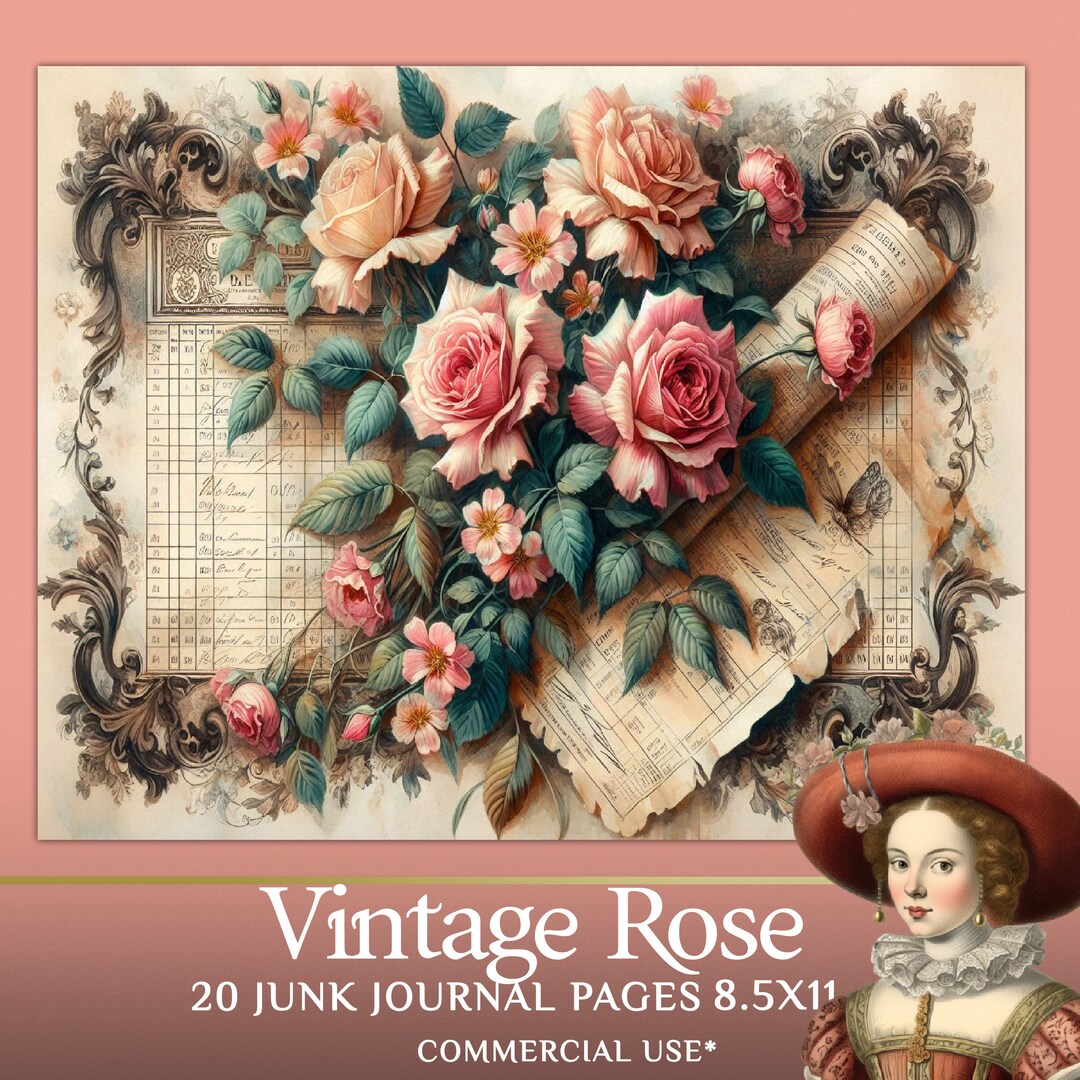 Vintage Roses Paper Junk Journal Kit - Floral Digital Paper, Watercolor ...