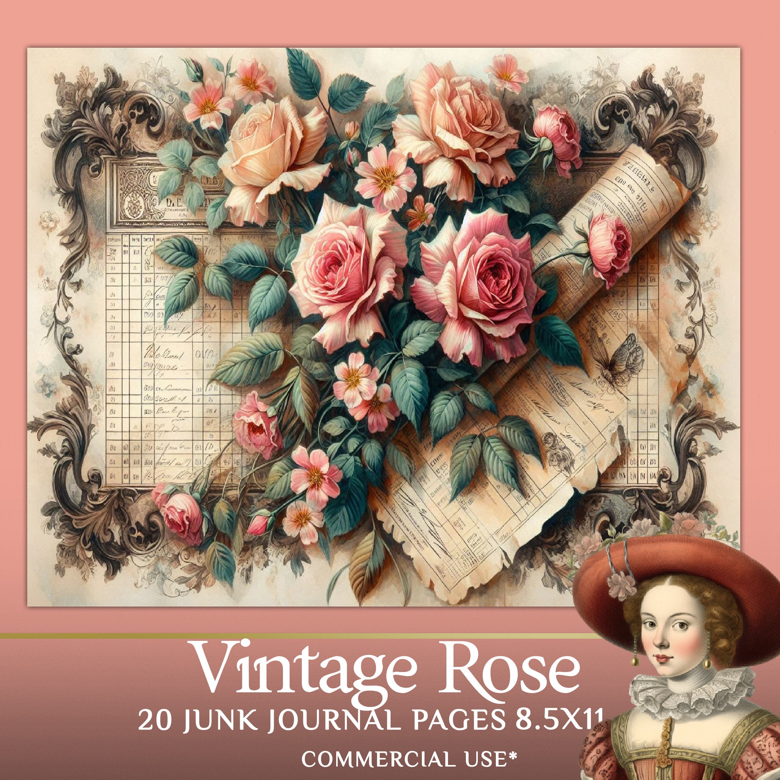 Vintage Roses Paper Junk Journal Kit Floral Digital Paper, Watercolor ...