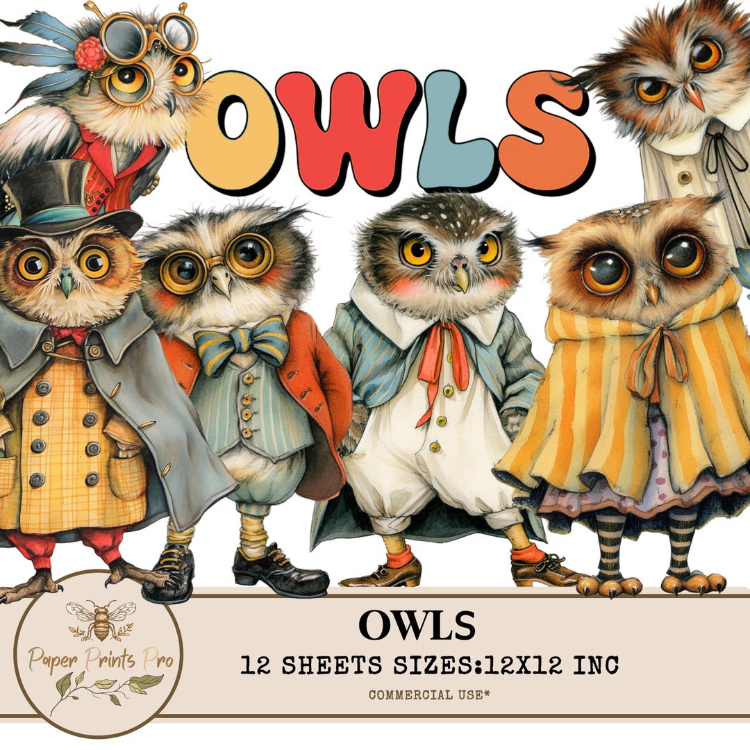 Vintage Owls Clipart JPG - 12 Digital Papers for Scrapbooking & Crafts ...