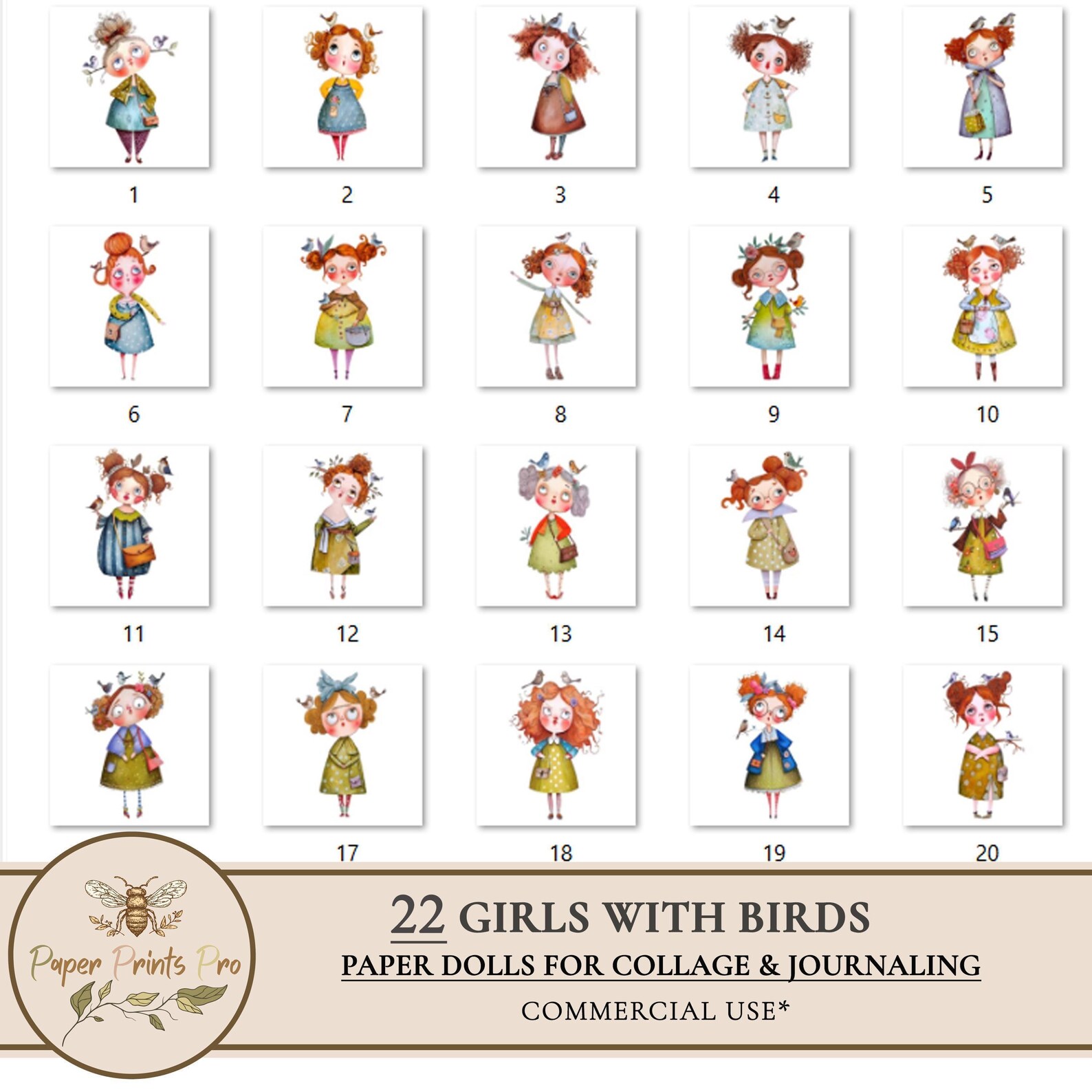 Printable Paper Dolls – 22 Girls With Birds Clipart – Ephemera for Junk ...