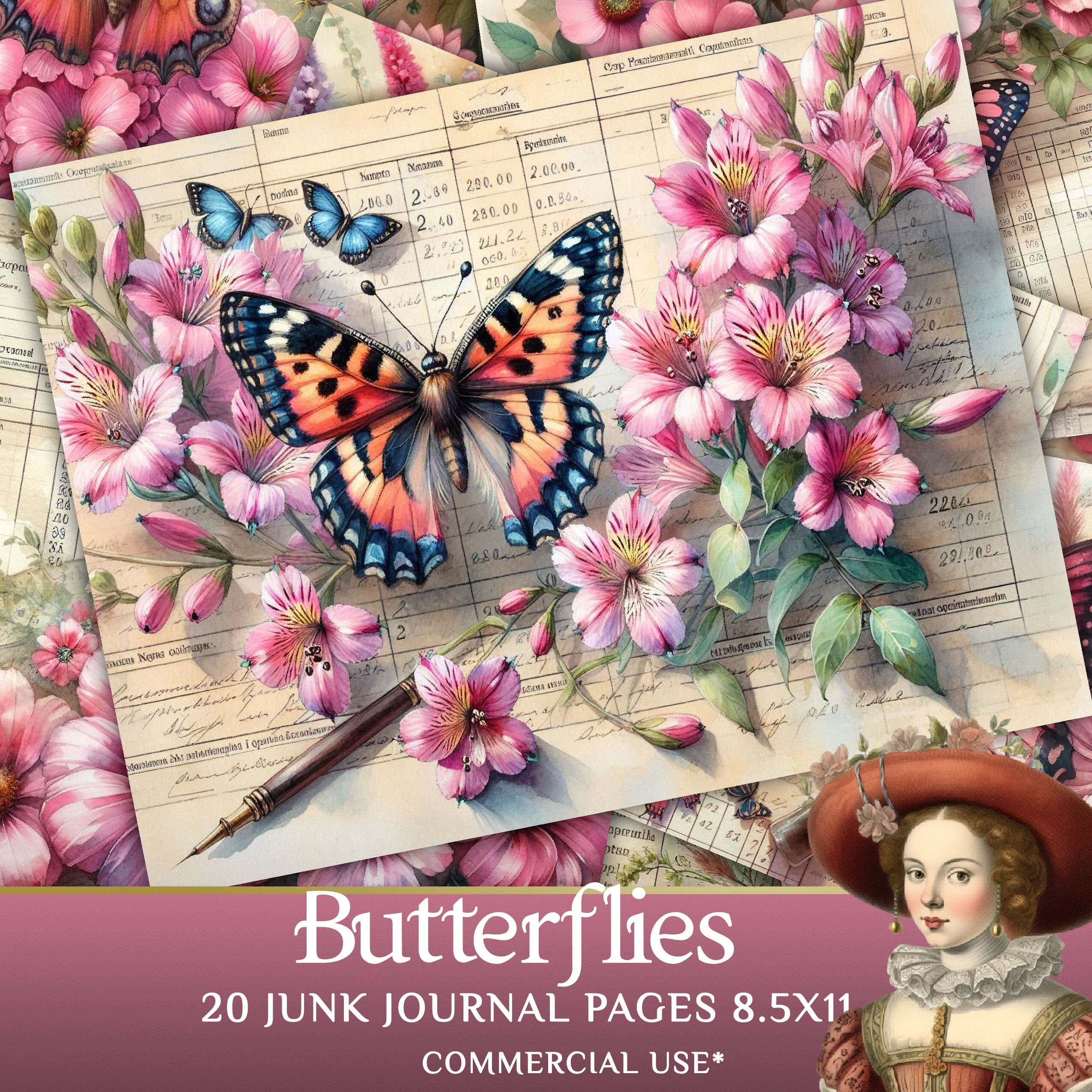 Beautiful Butterflies & Flowers Junk Journal Digital Pages Instant ...