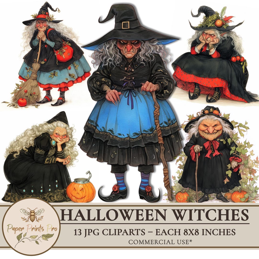 Halloween Witch Clipart Printable – Vintage Style With Pumpkins and ...