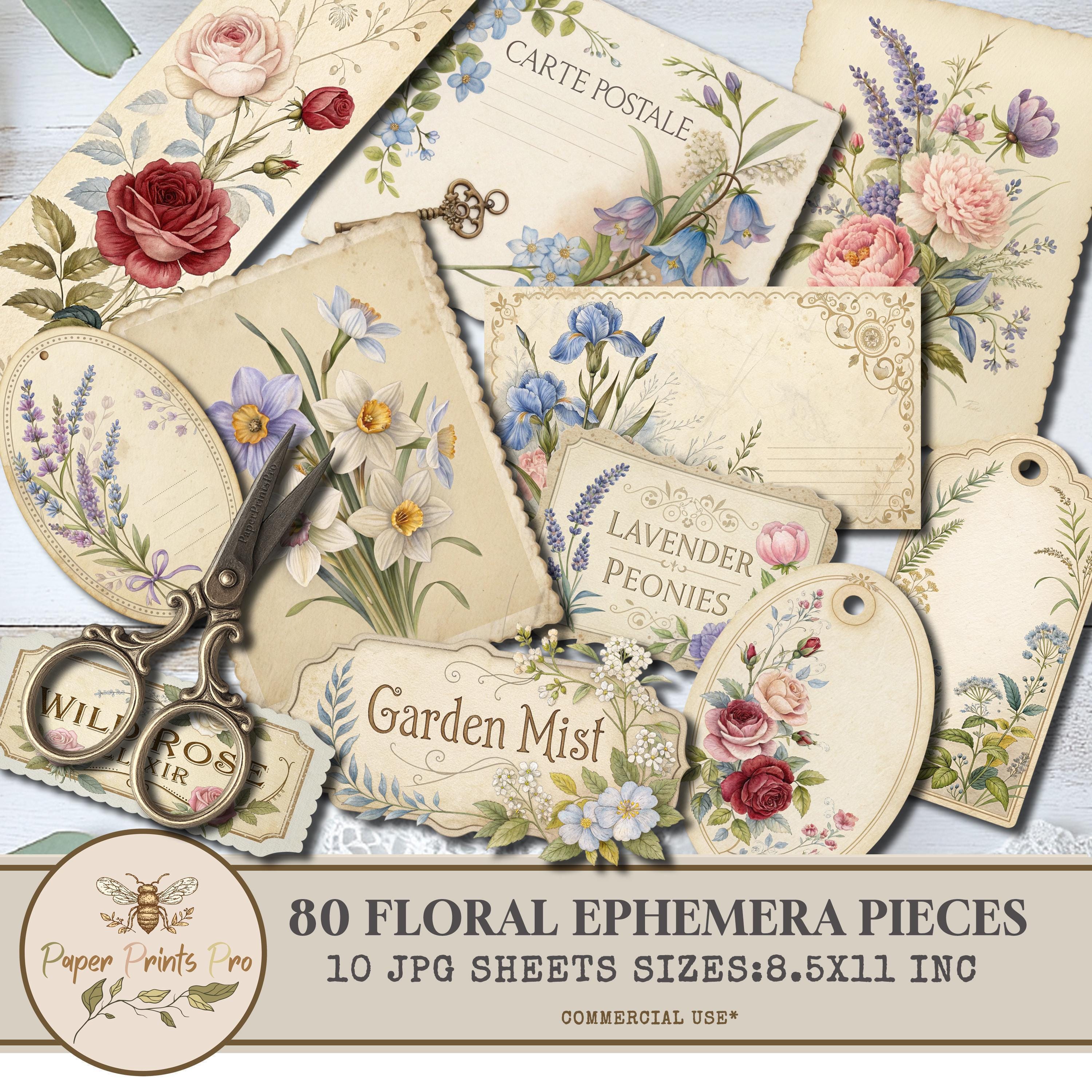 Vintage Floral Ephemera Set: Botanical Labels, Cards, Tags (digital ...