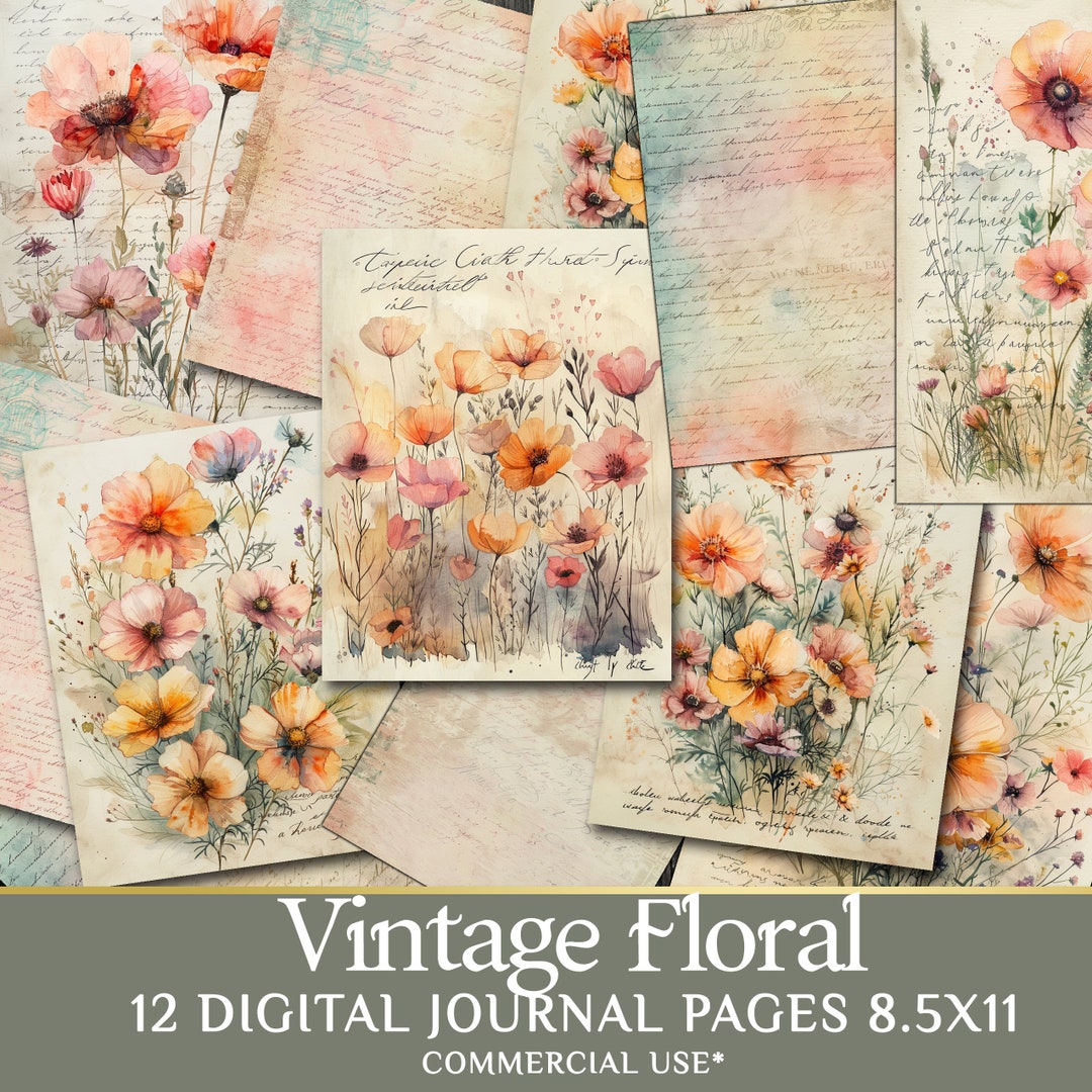 Vintage Floral 12 DIGITAL Journal Pages 8.5X11 - Printable Basic Papers ...