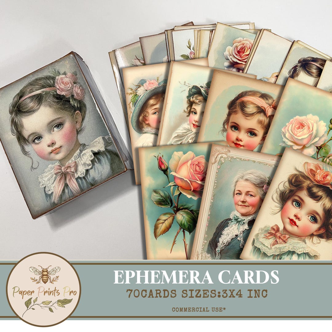 Vintage Ephemera Cards With Storage Box – 70 Printable Cards for Junk ...