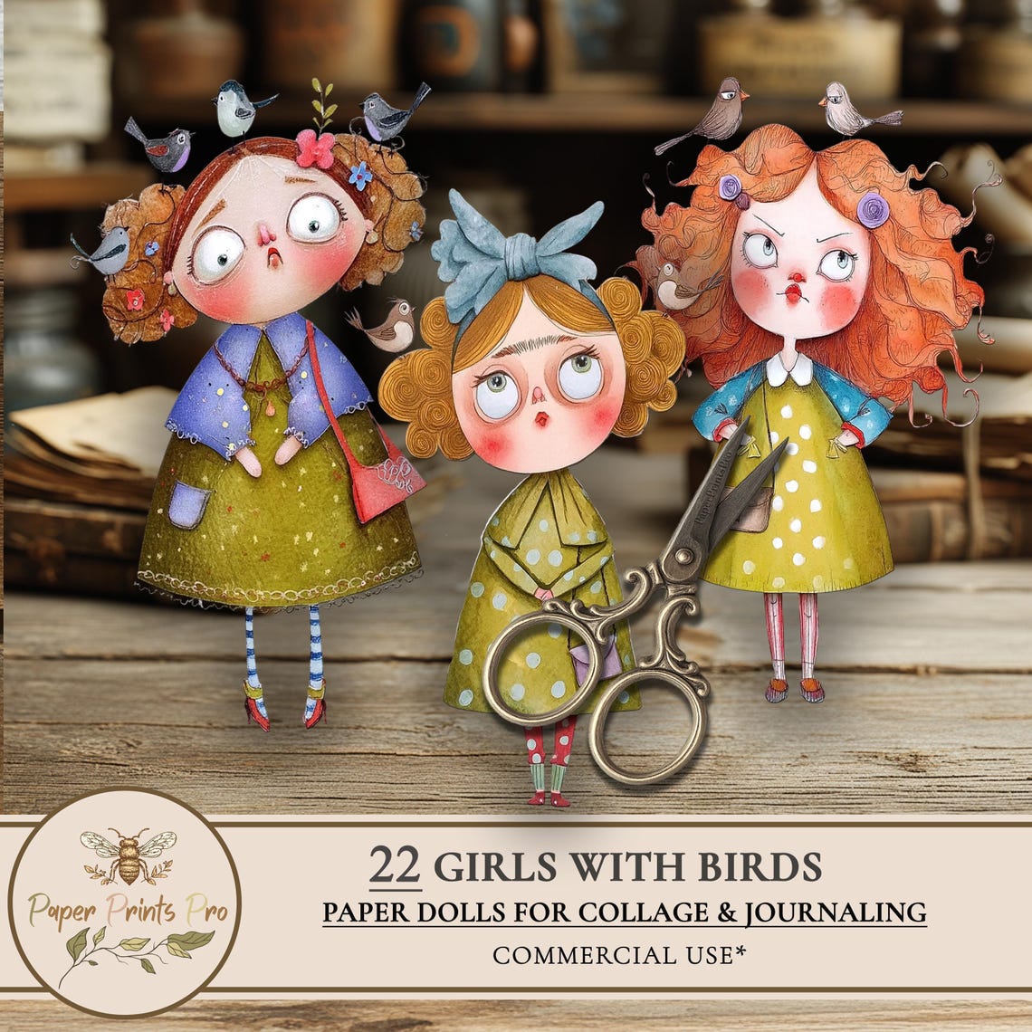 Printable Paper Dolls – 22 Girls With Birds Clipart – Ephemera for Junk ...