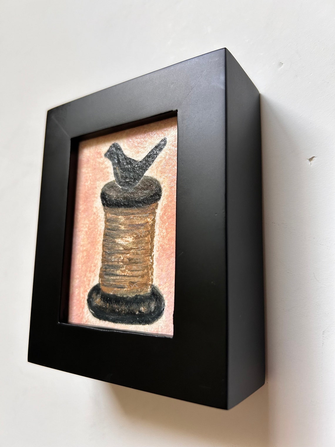 Bird on Spool Oil Painting in Frame, Sewing Art Gift - Etsy