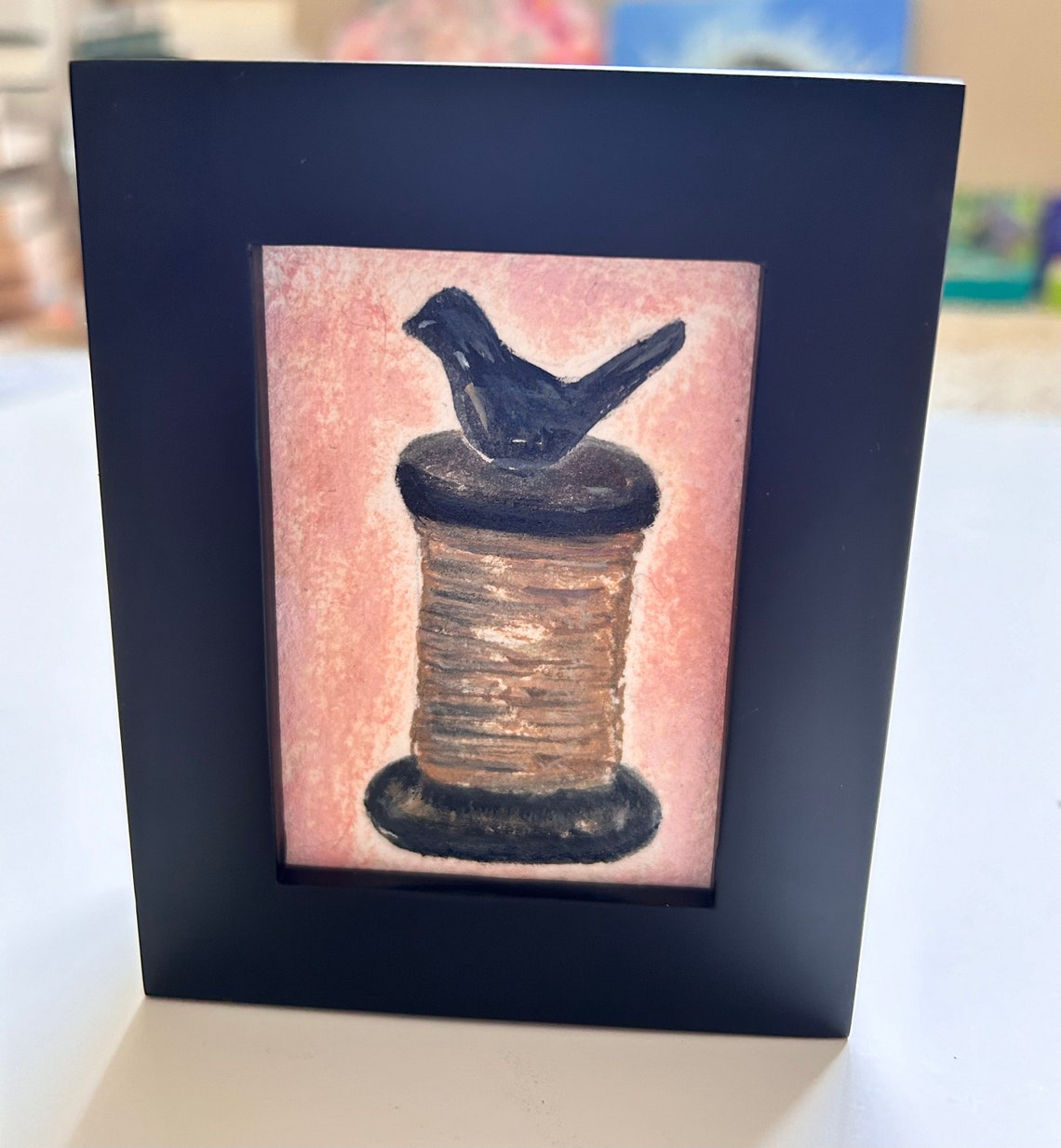 Bird on Spool Oil Painting in Frame, Sewing Art Gift - Etsy