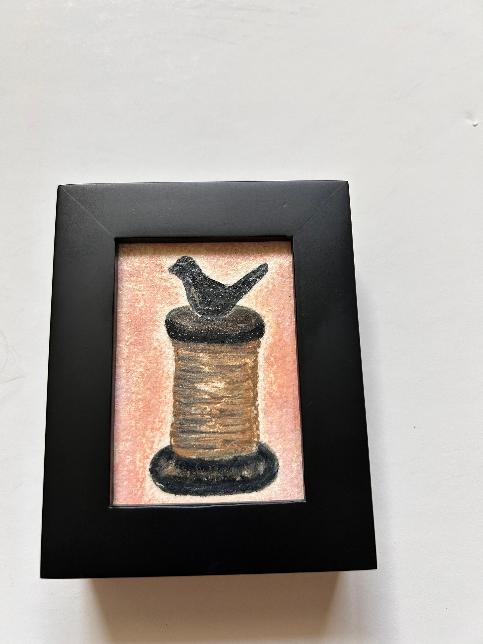 Bird on Spool Oil Painting in Frame, Sewing Art Gift - Etsy