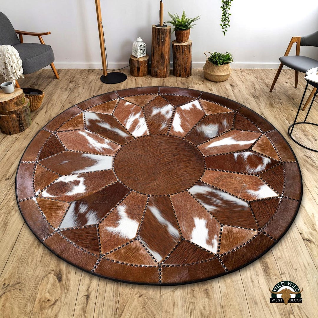Natural Cowhide Carpet, Cow Skin Round Rug, Handmade Carpet With Real ...