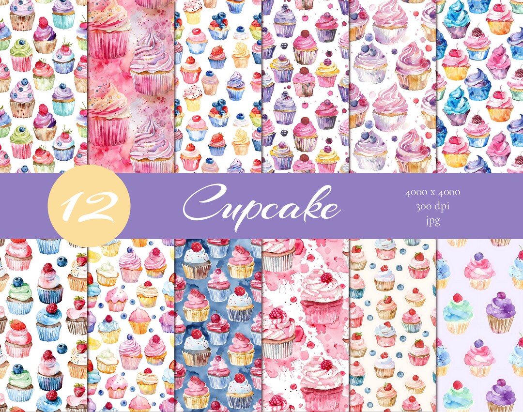 12 Watercolor Cupcake Digital Paper| Patterns| Printable| Seamless ...
