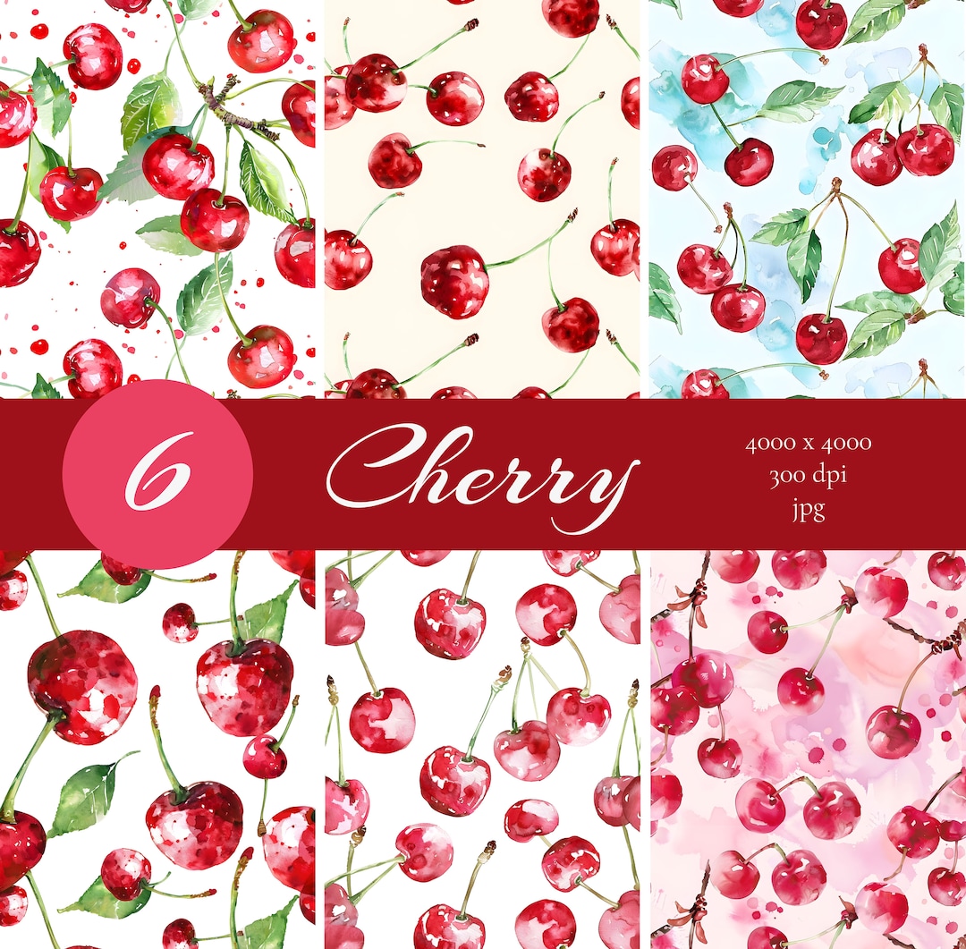 6 Watercolor Cherry Digital Paper| Printable| Seamless| Digital ...