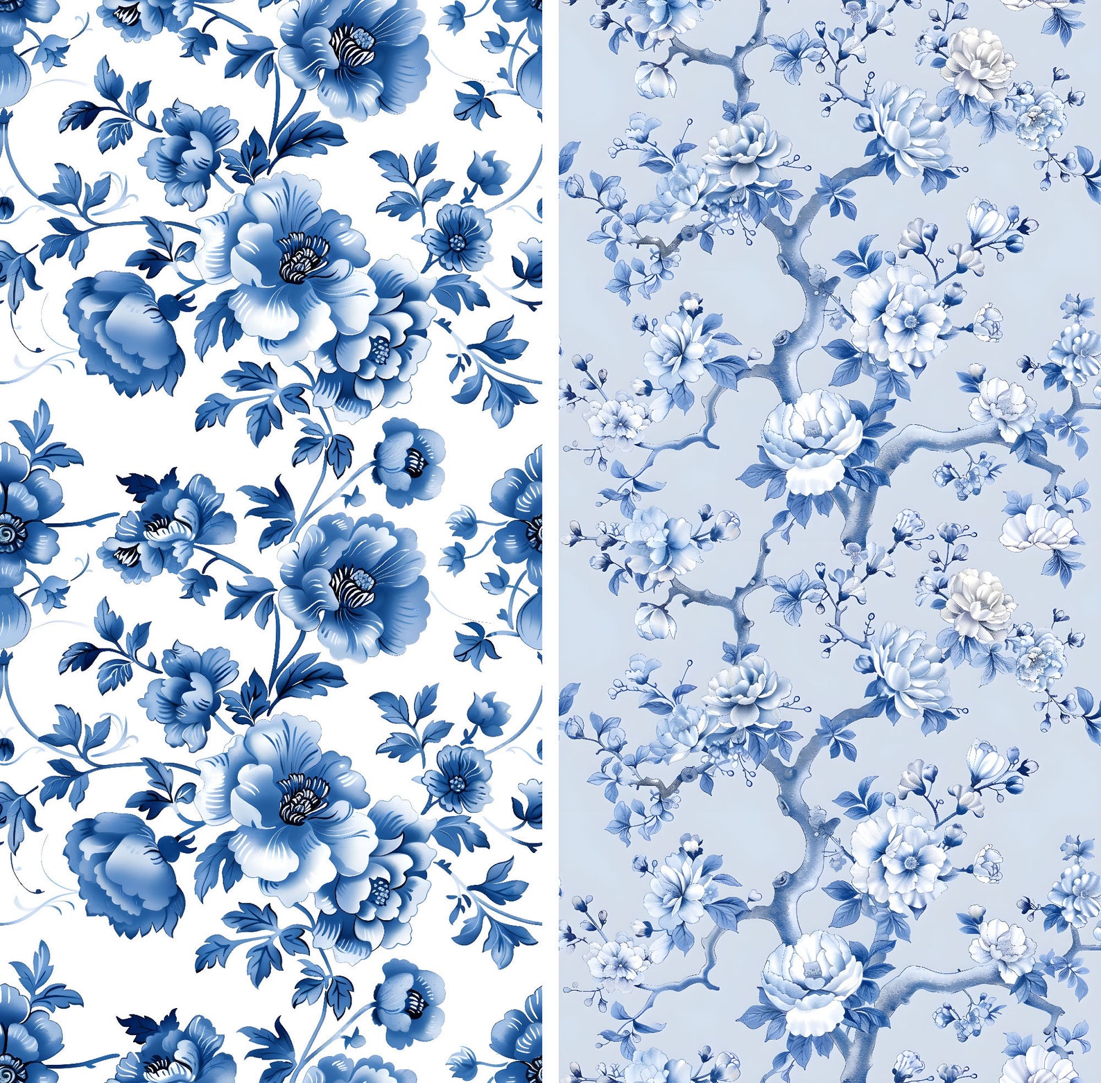 6 Blue Porcelain Floral Patterns: Seamless Digital Paper (JPG Digital ...