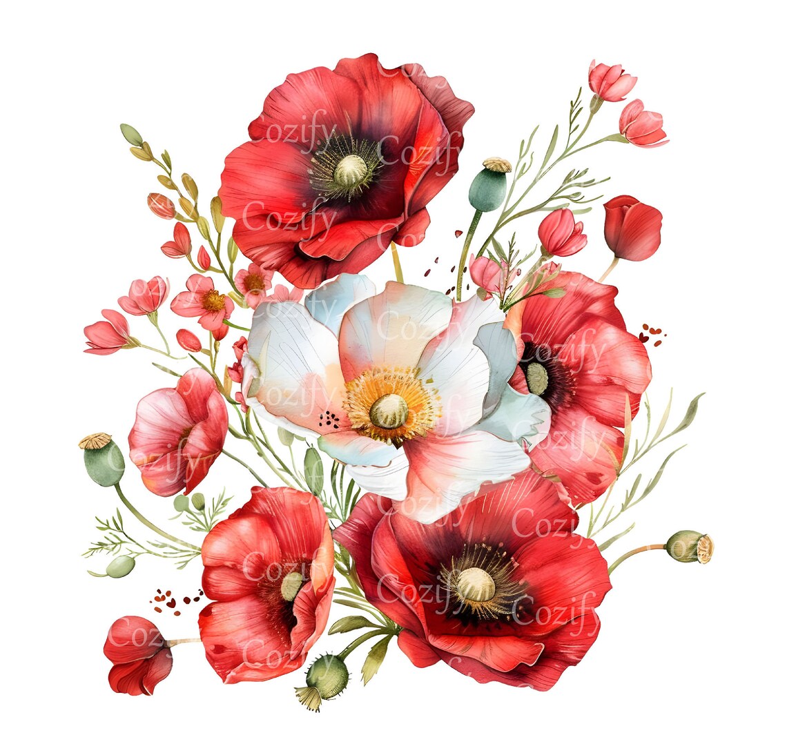 Watercolor Poppy Flowers Clipart: Scrapbook Paper Craft (digital ...