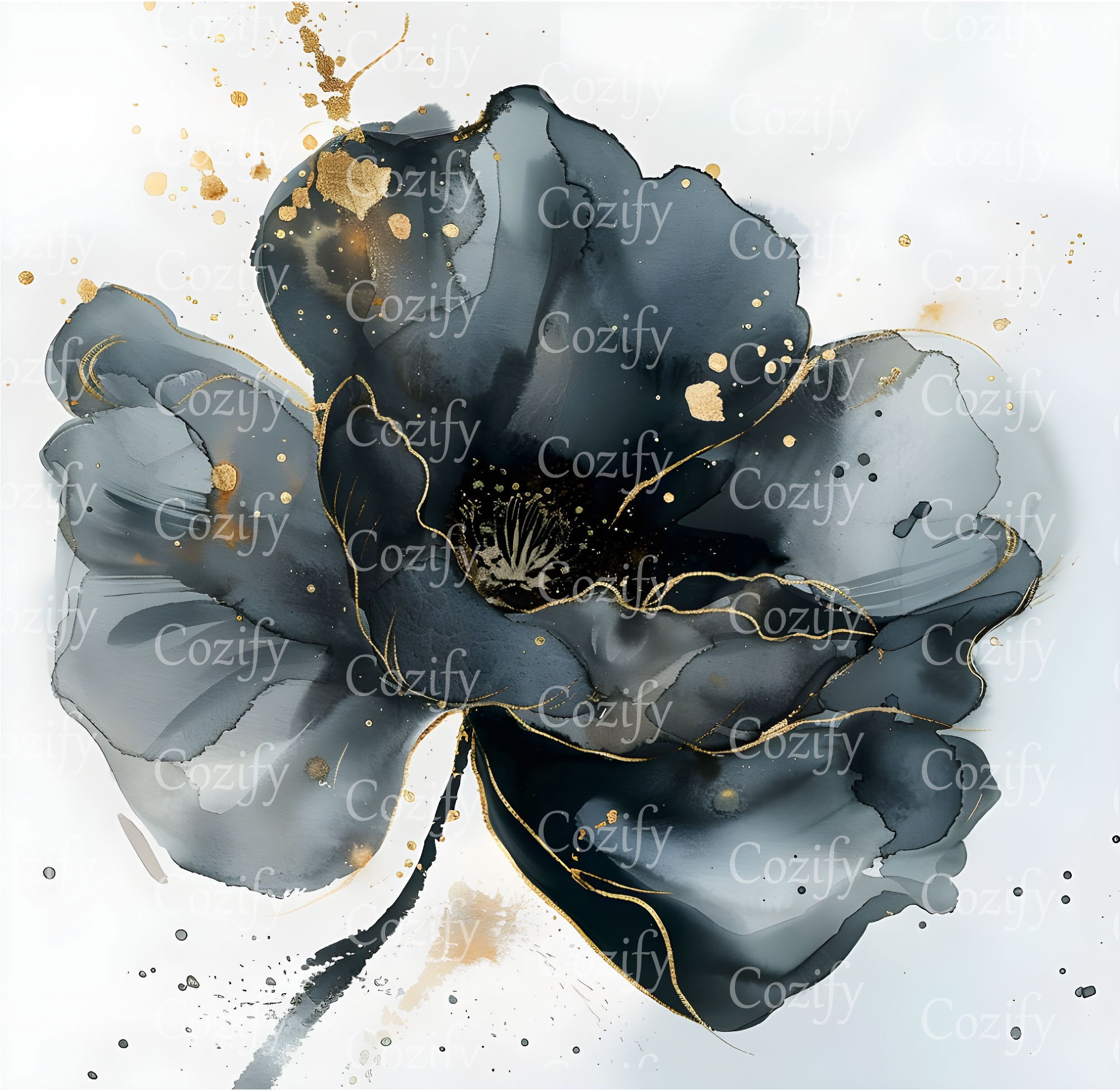 12 Watercolor Abstract Black & Gold Flowers| Clipart| Printable ...