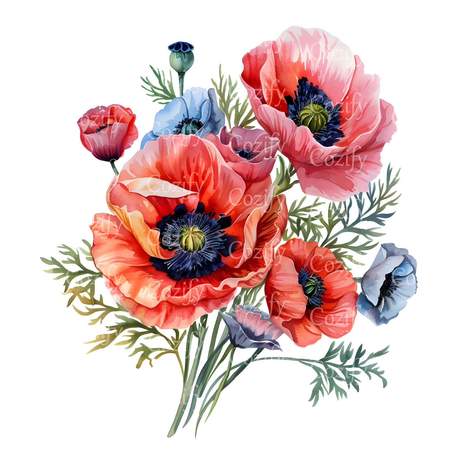 Watercolor Poppy Flowers Clipart: Scrapbook Paper Craft (digital ...
