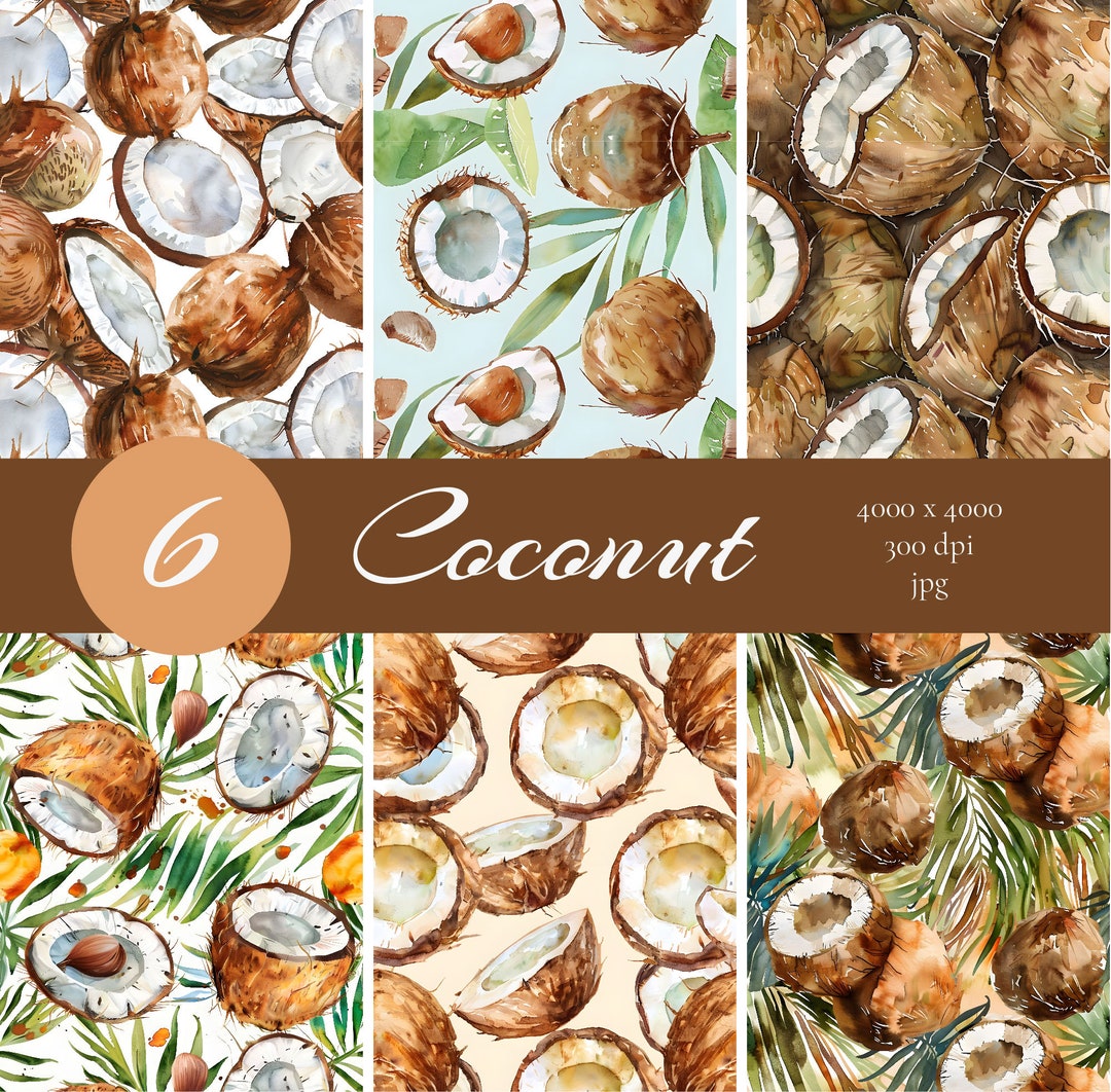 6 Watercolor Coconut Digital Paper| Printable| Seamless| Digital ...