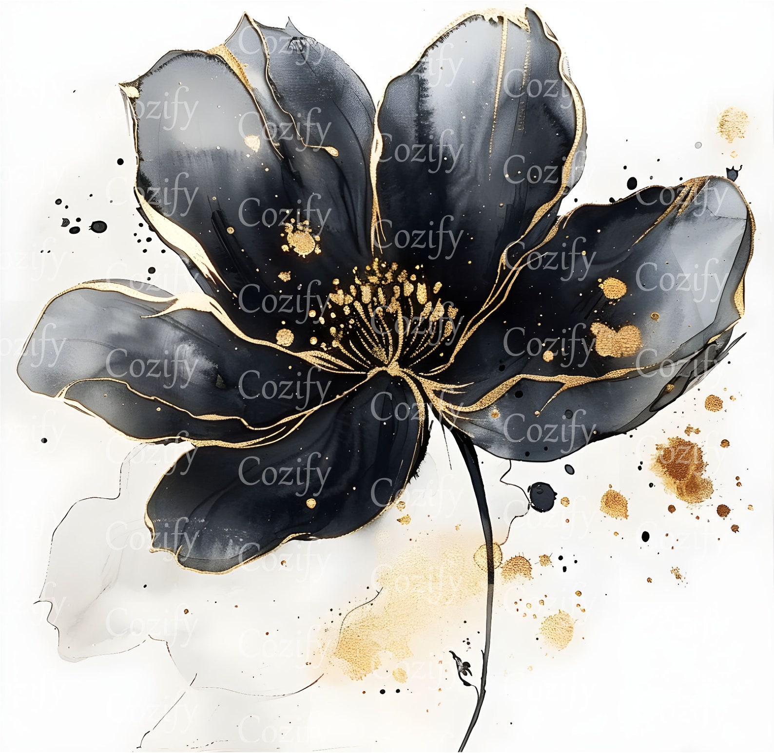 12 Watercolor Abstract Black & Gold Flowers Clipart Printable Digital ...