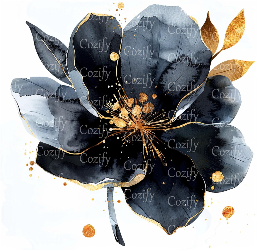 12 Watercolor Abstract Black & Gold Flowers| Clipart| Printable ...