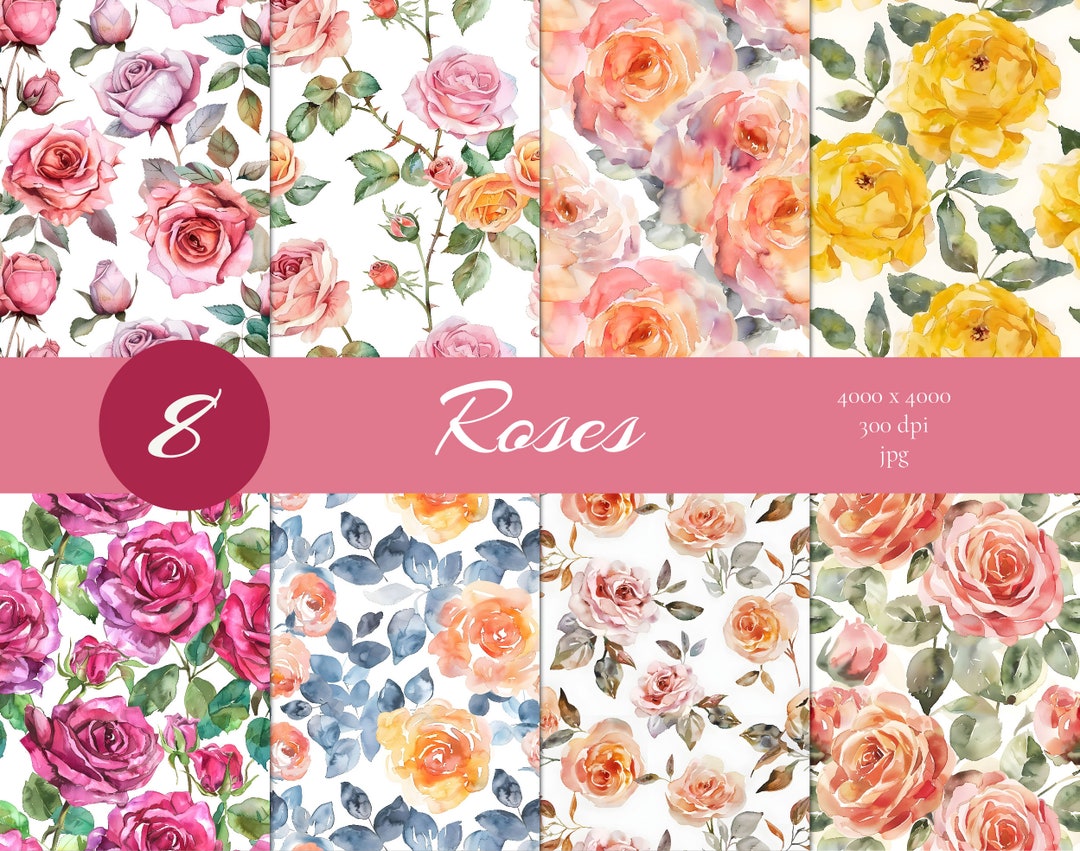 8 Watercolor Rose Digital Paper| Patterns| Printable| Seamless| Digital ...