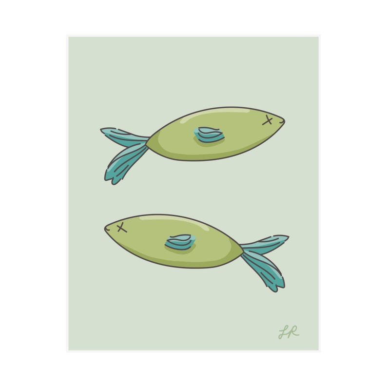 Dual Fish Print/poster (green Background Version) - 8"x10" or 16"x20 ...
