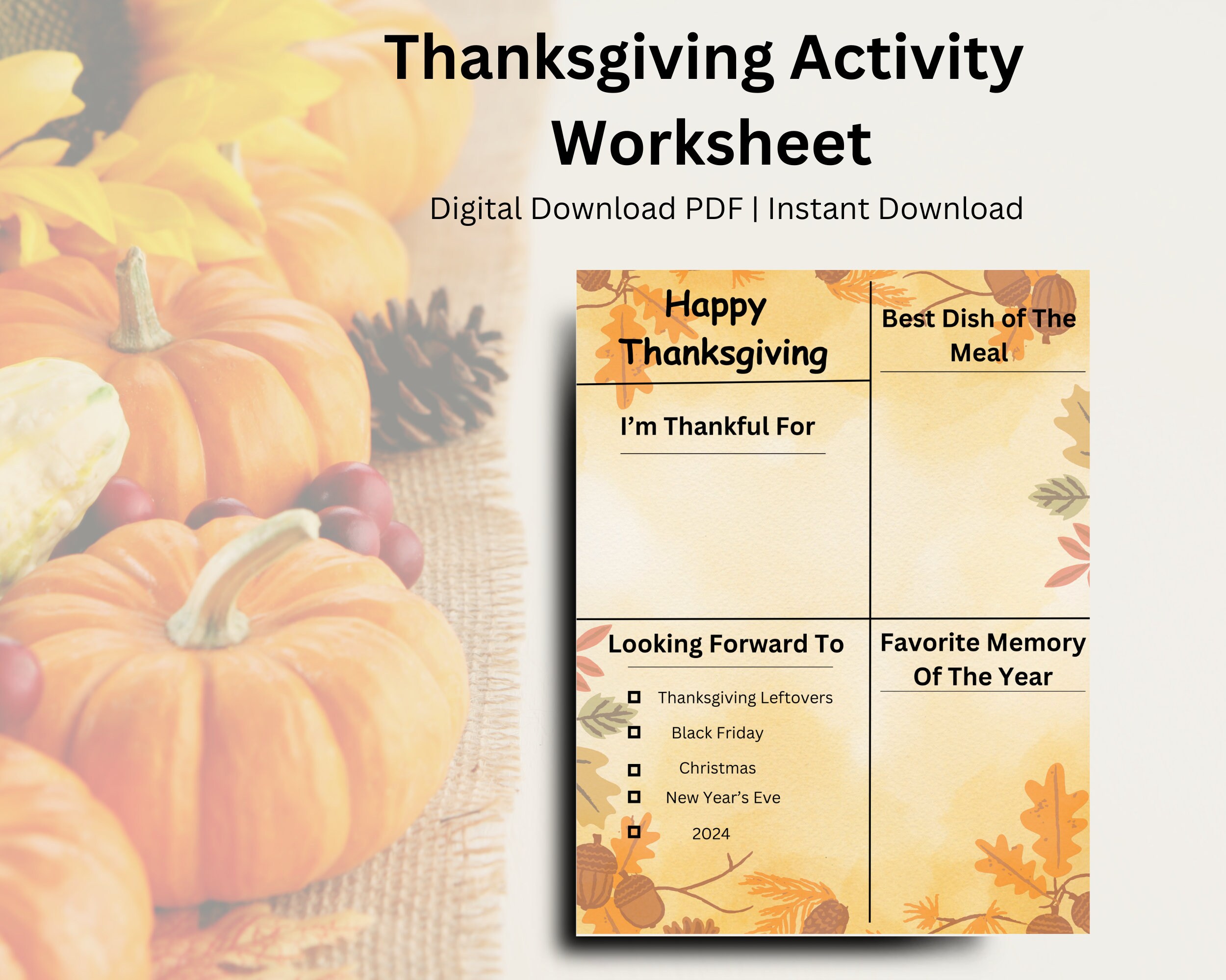 Thanksgiving Dinner Activity, I'm Thankful for Worksheet, Thanksgiving ...