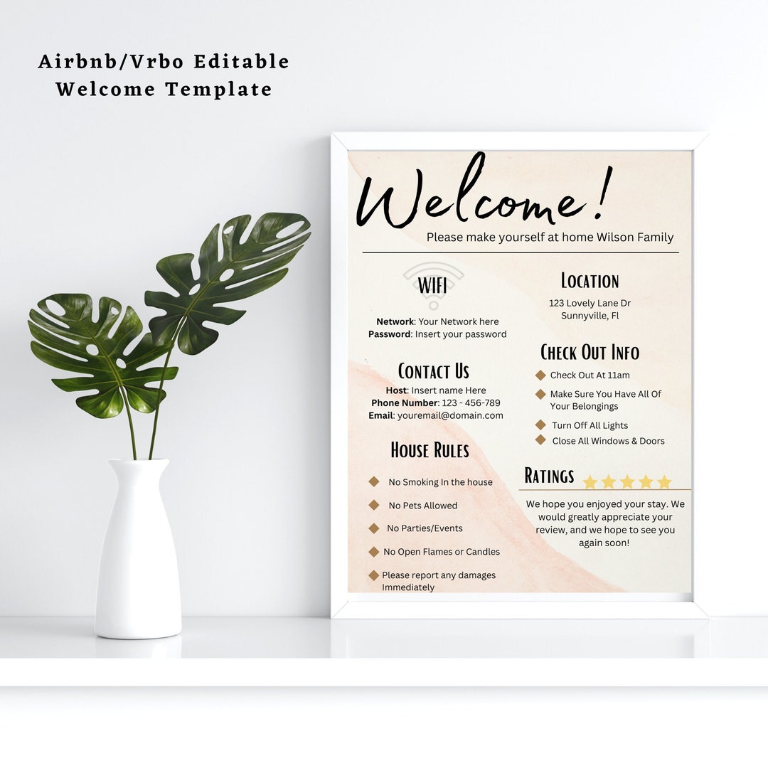 1 Page Airbnb Welcome Sign Template, Welcome Guide Airbnb, Airbnb ...