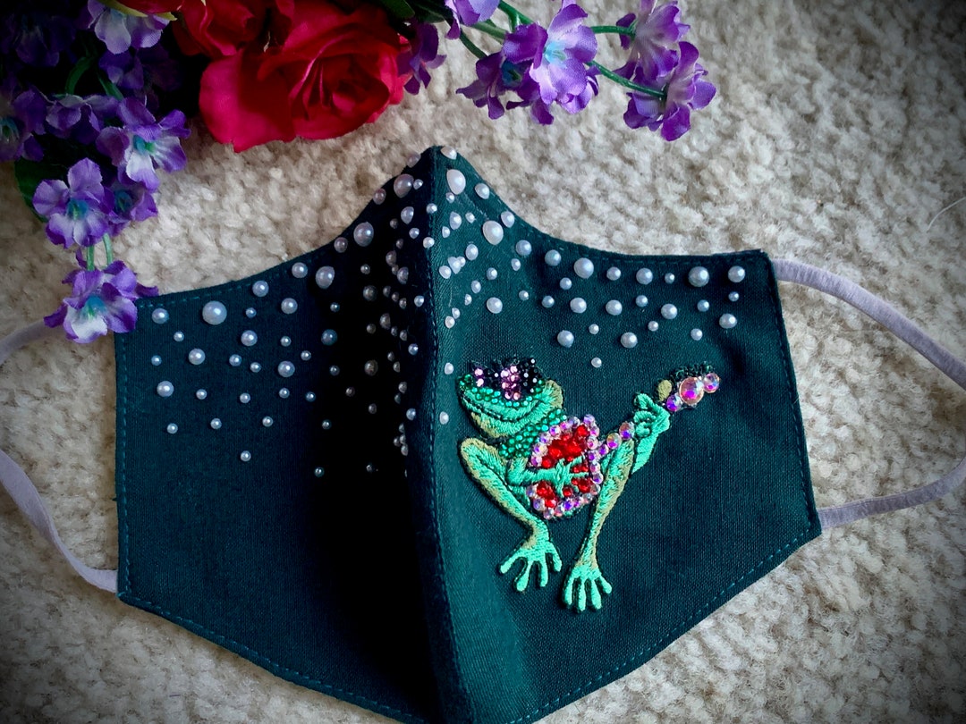 Swarovski Rhinestone Pearls Mask Frog Playing Banjo Green Face Mask ...
