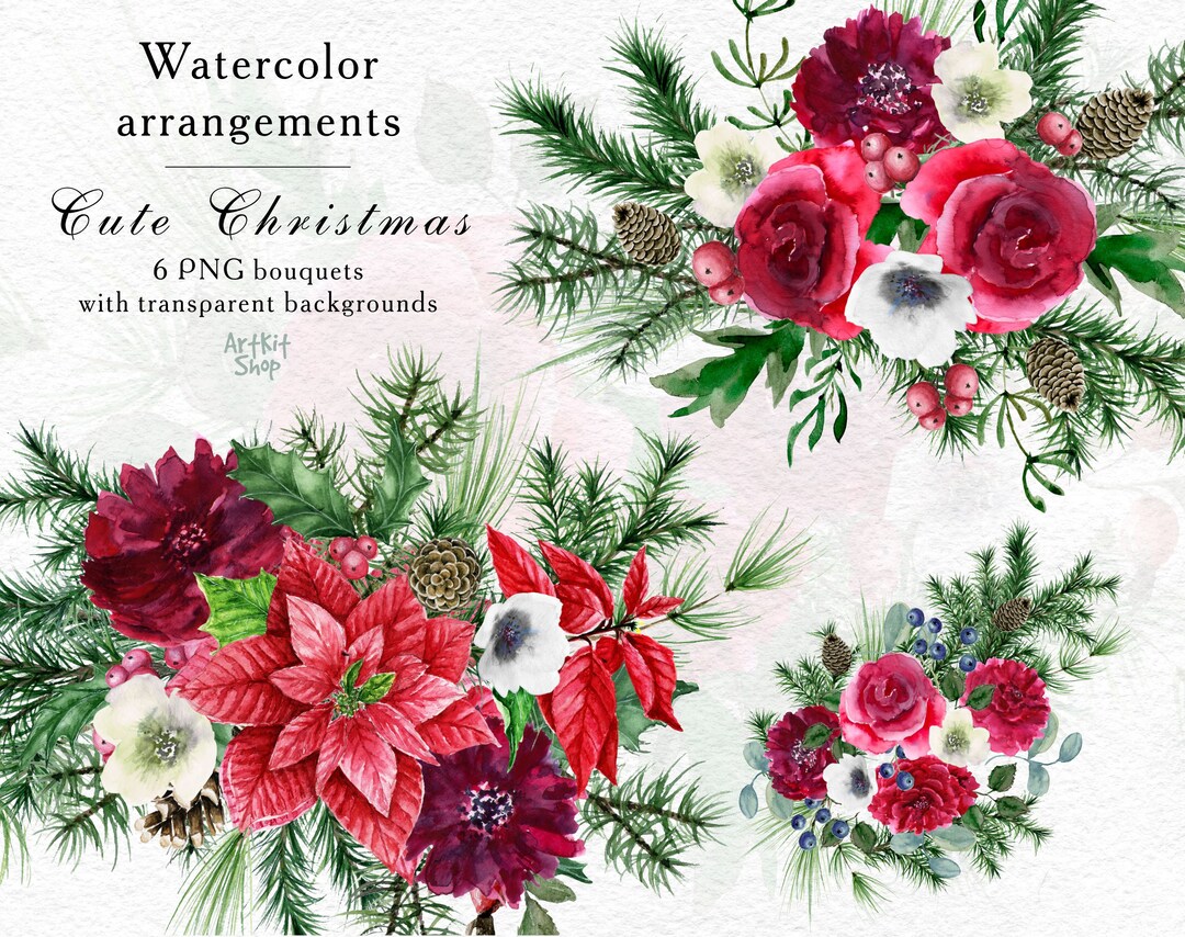 Winter Flowers Png Red Roses Clipart Watercolor Conifer - Etsy