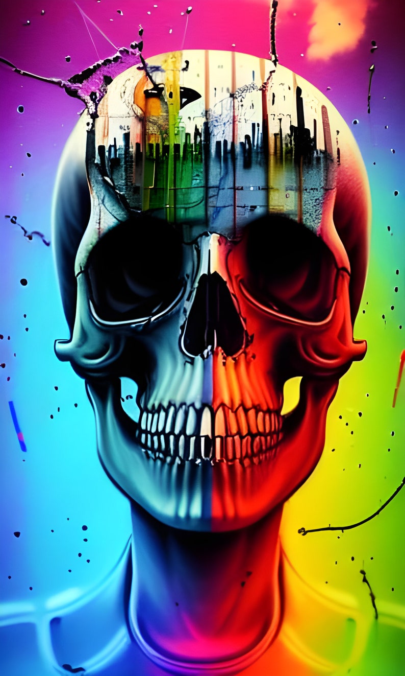 Rainbow Skull Cityscape - Digital Download for Personal Printing - Etsy