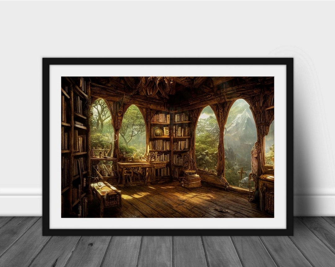 Fantasy Library Painting Hobbit Library Art Print Hobbit House Art ...