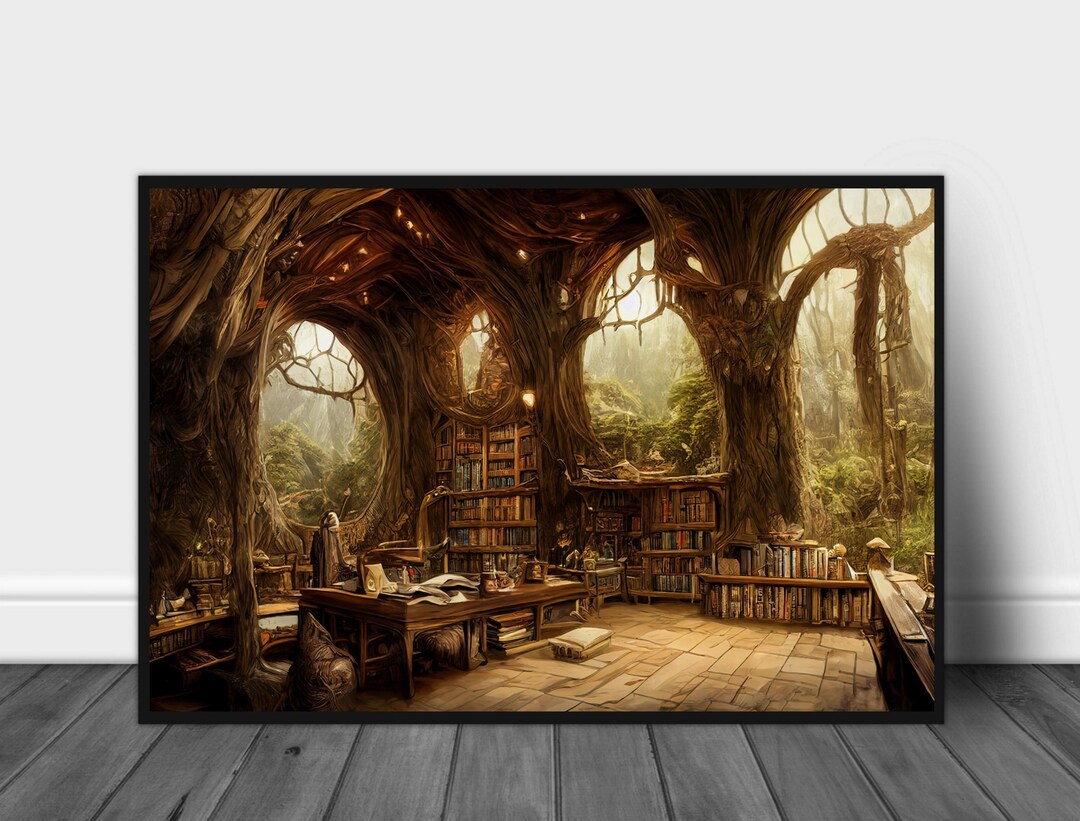 Fantasy Library Painting Print Hobbit Library Wall Art Hobbit Home ...