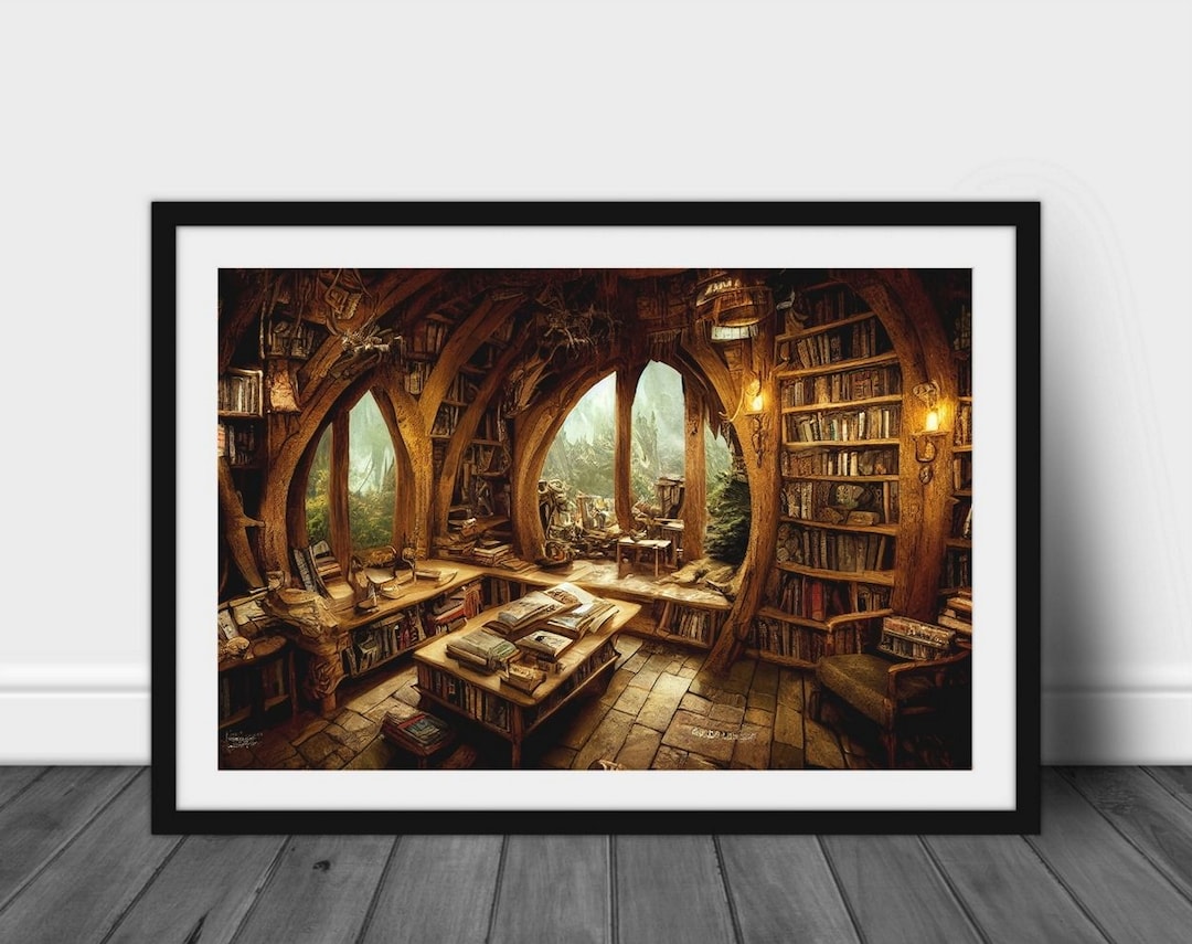 Fantasy Library Art Print Hobbit Library Poster Hobbit Home Wall Print ...