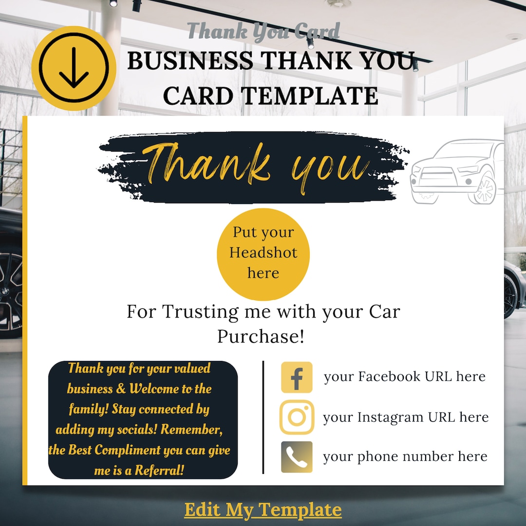 Printable Thank You Card Car Sales Small Business Template Editable ...