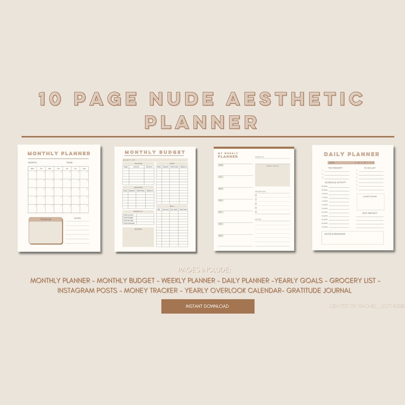 10 Page Minimalist Nude Aesthetic Downloadable Planner, Digital Planner ...