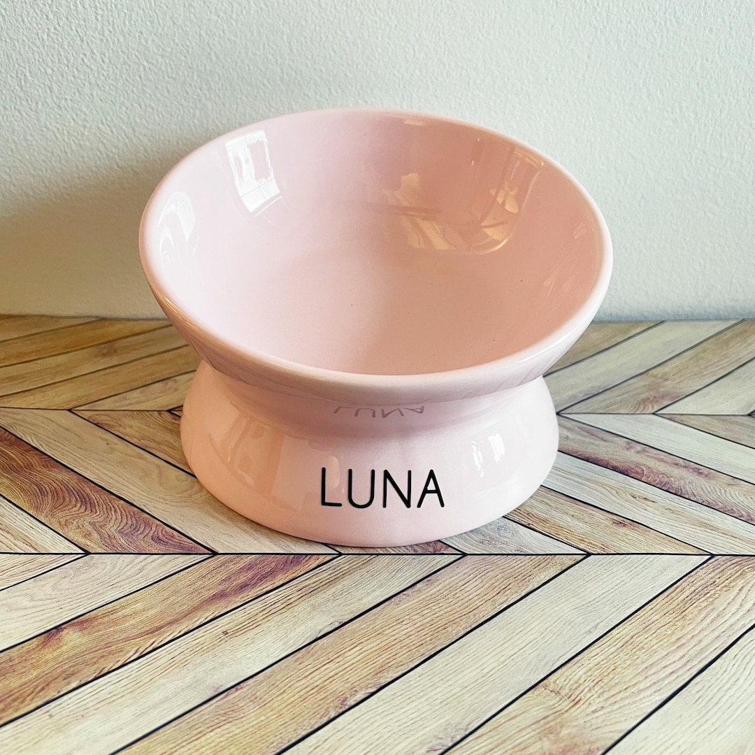 Pink Ceramic Elevated Cat Bowl, Personalized Raised Pet Bowl, Cat Dish ...