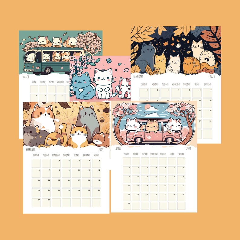 2025 Illustrated Cat Calendar,cute Cat Calendar Printable Sunday and ...