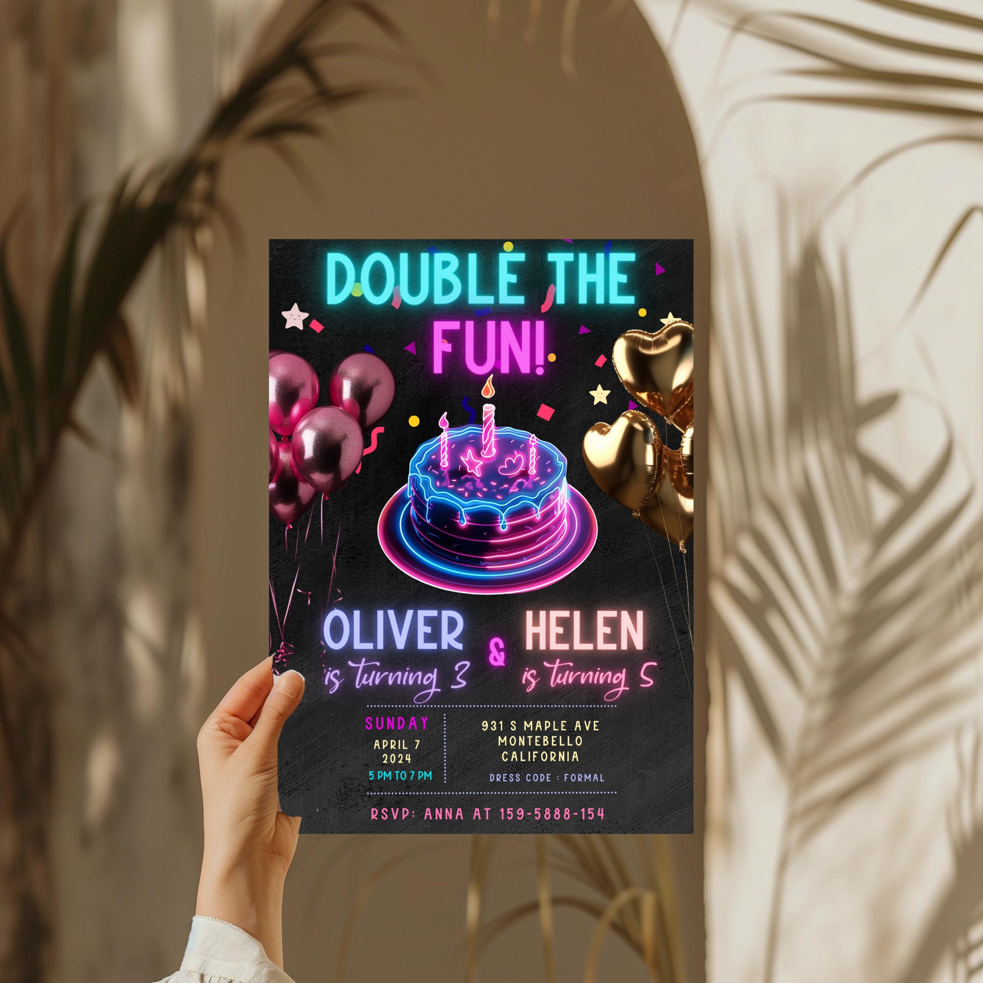 Neon Sibling Birthday Invitation: Dual Theme Canva Template (instant ...