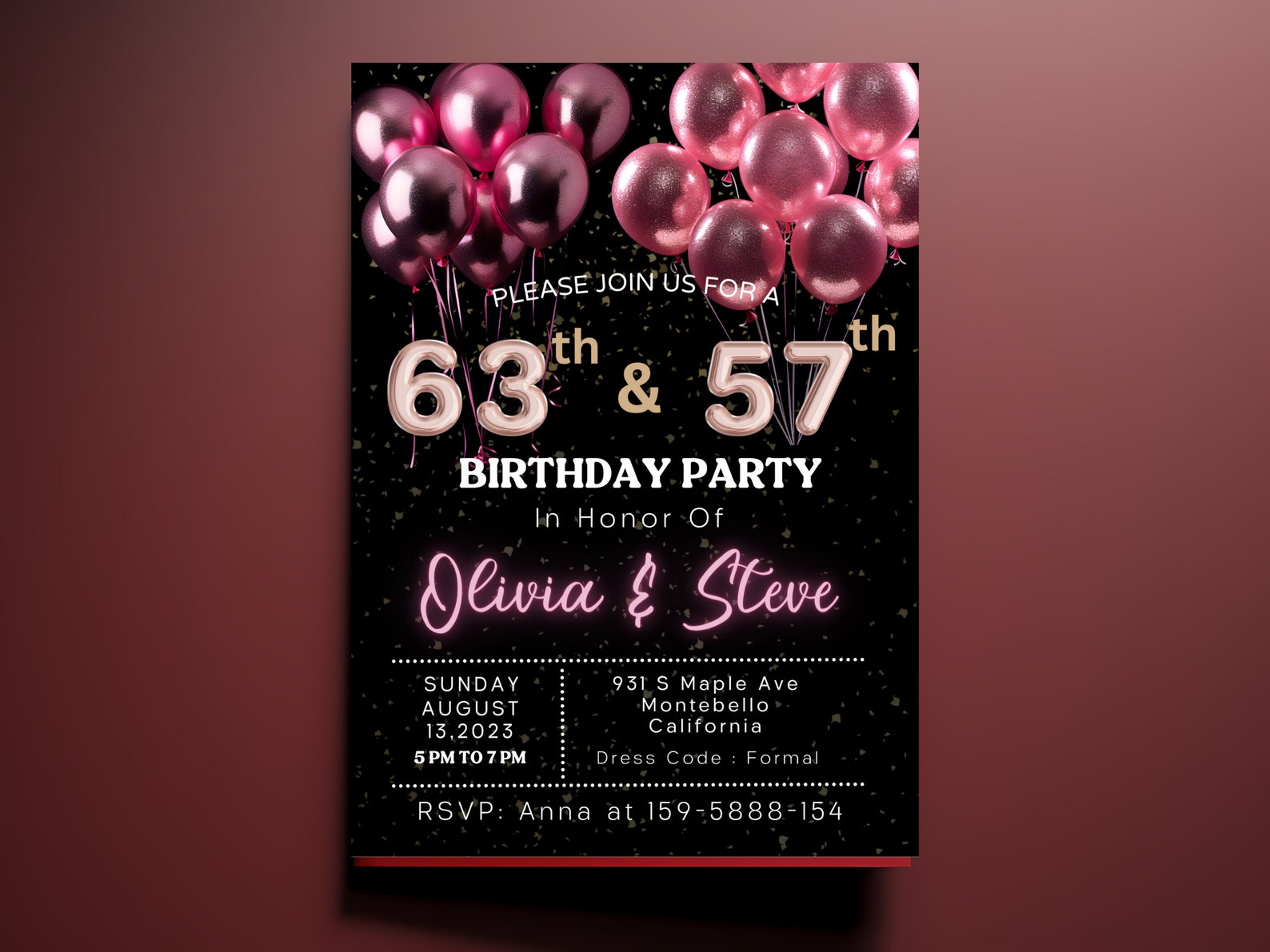 Dual Joint Birthday Invitation Template Pink Adult Glitter and Balloons ...