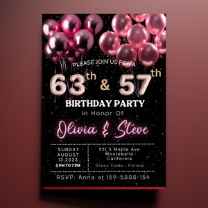 Dual Joint Birthday Invitation Template Pink Adult Glitter and Balloons ...