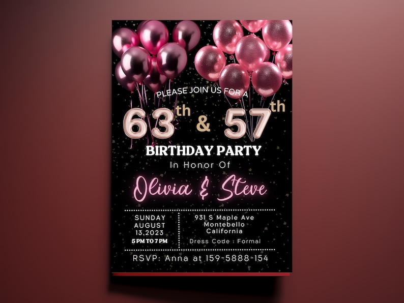 Dual Joint Birthday Invitation Template Pink Adult Glitter and Balloons ...