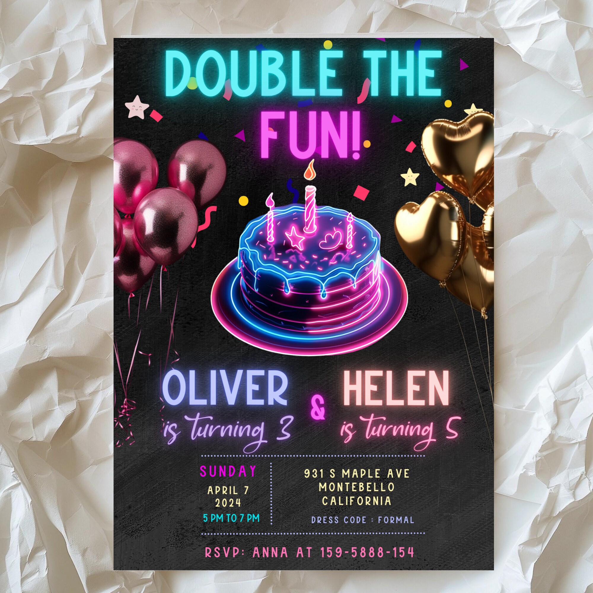 Neon Sibling Birthday Invitation: Dual Theme Canva Template (instant ...