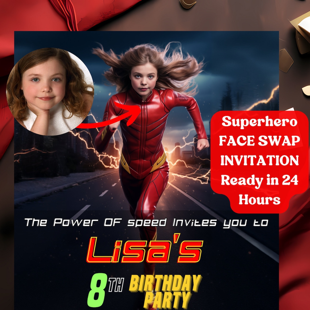 Custom Superhero Girl Flash Theme Face Swap Birthday Invitation ...
