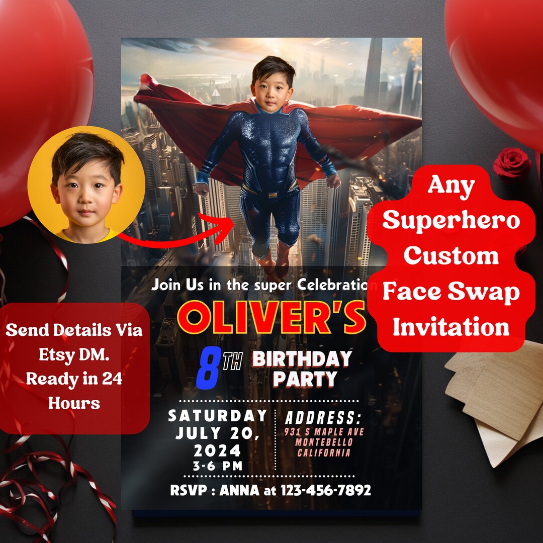 Custom Superman Theme Face Swap Birthday Invitation, Superhero Birthday ...