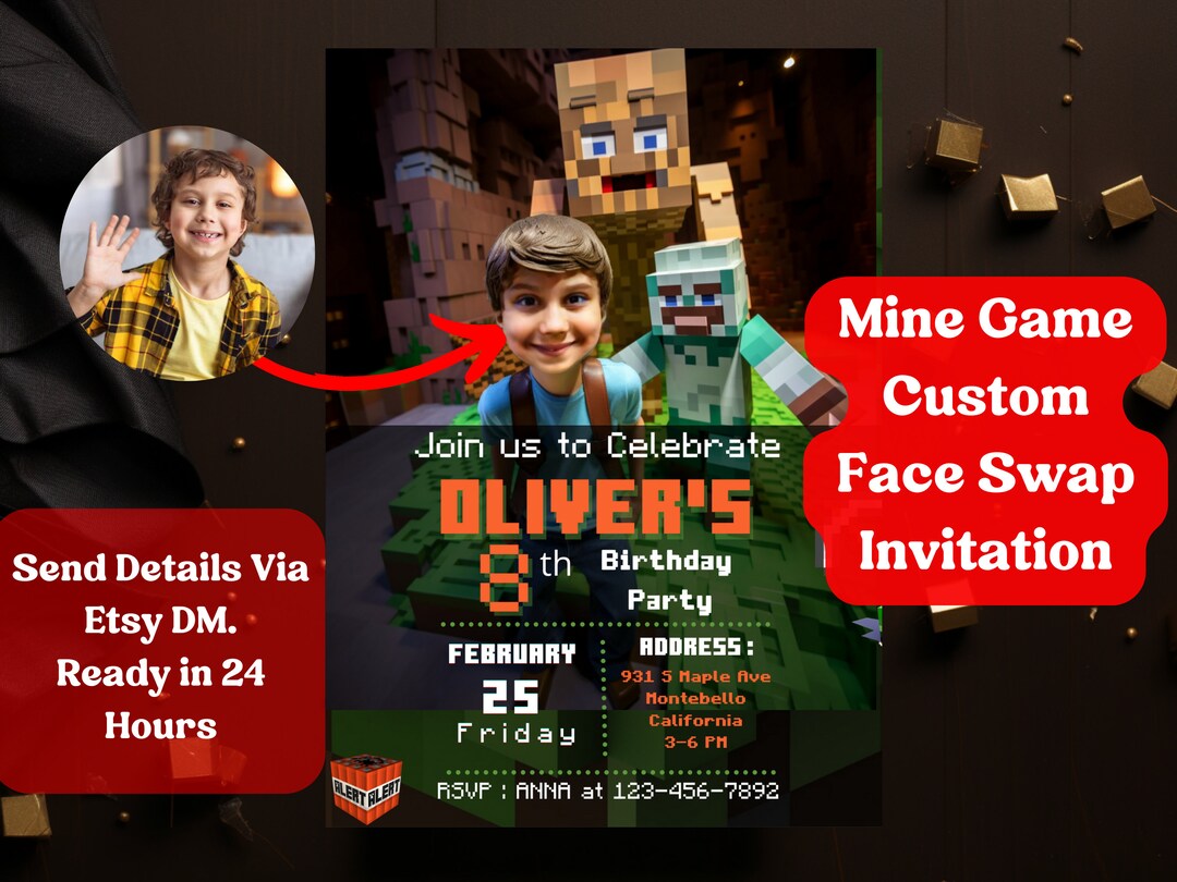 Mine Birthday Invitation, Mine Game Face Swap Birthday Invite, Custom ...