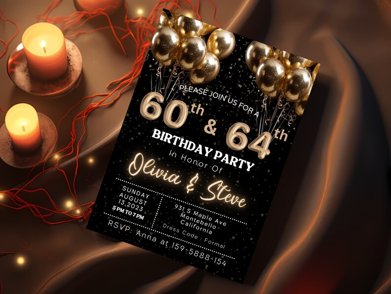 Dual Joint Birthday Party Invitation Template, Gold Glitter and ...