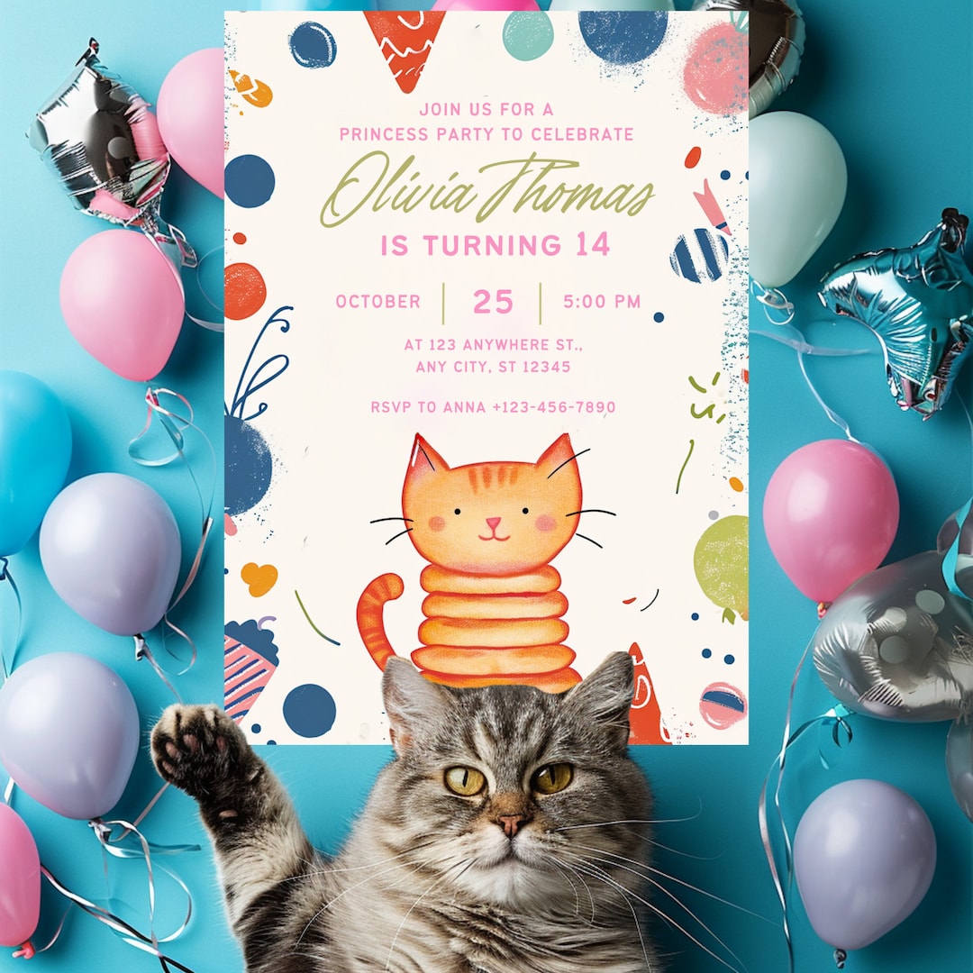 Cat Invitation Cat Birthday Invite Printable Cat Birthday Party Let's ...